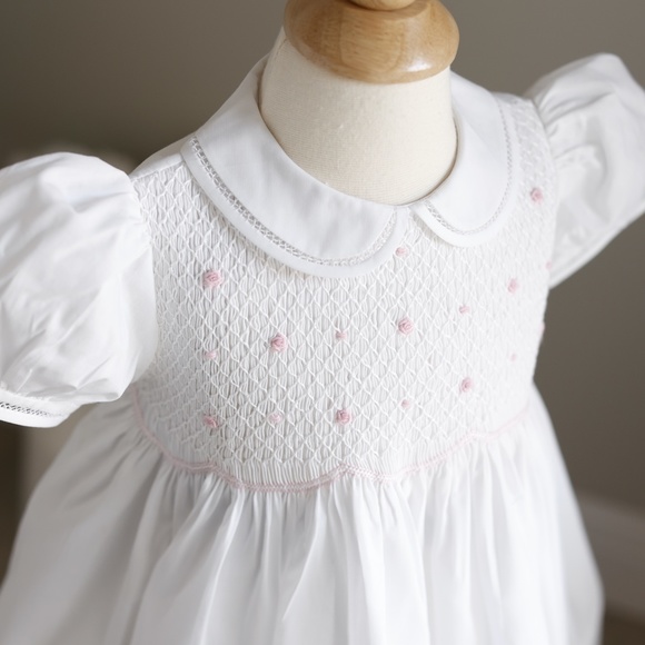 Feltman Brothers | Dresses | White Smocked Rosebud Dress Heirloom Pink ...